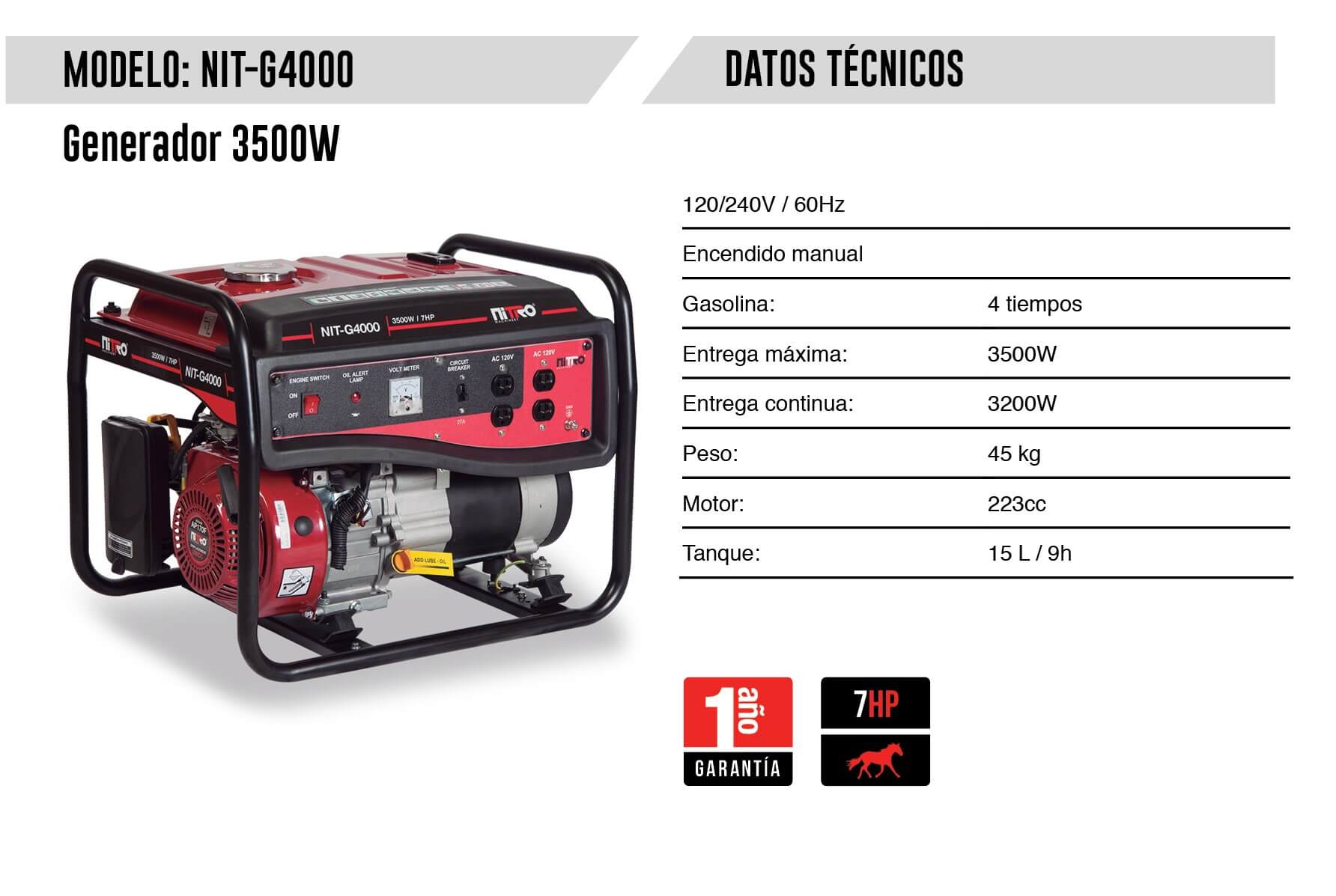 Generador Portátil de Gasolina NIT-G4000 - 3500W de Potencia con Motor ...